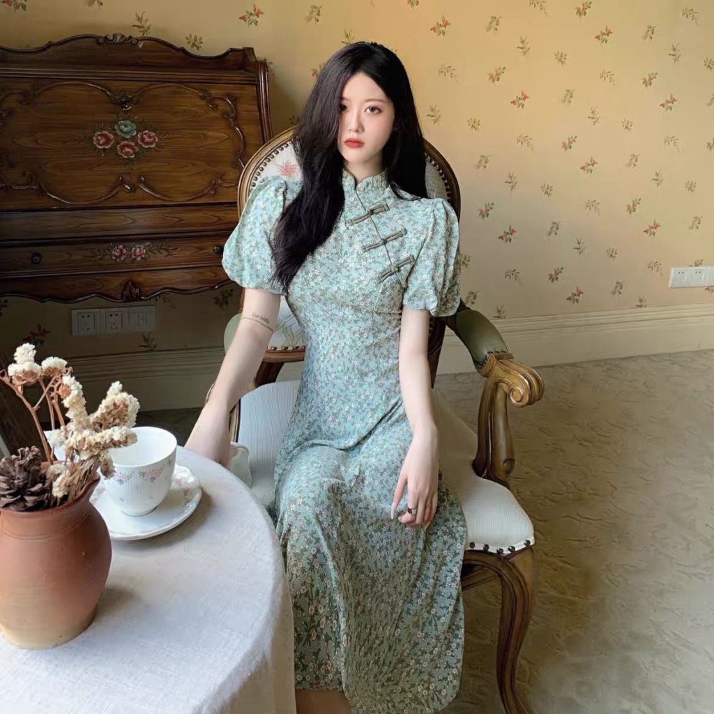 Improved Cheongsam French Long Skirt Green Floral Dress Design Feel ...