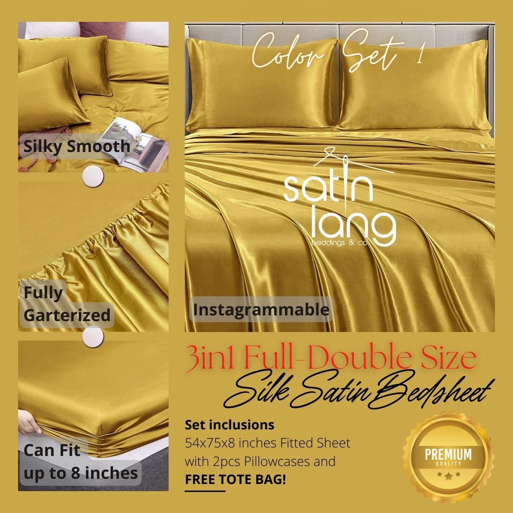 3-in-1 FULL-DOUBLE Size SATIN SILK Bedsheet w/ 2pcs Pillowcase (Fully ...