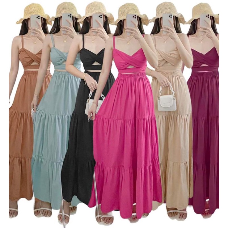 ONHAND MUNDA CLOTHING RHIAN KOREAN OUTFIT TWISTED PADDED TOP AND MAXI SKIRT COORDS SET! | Shopee ...