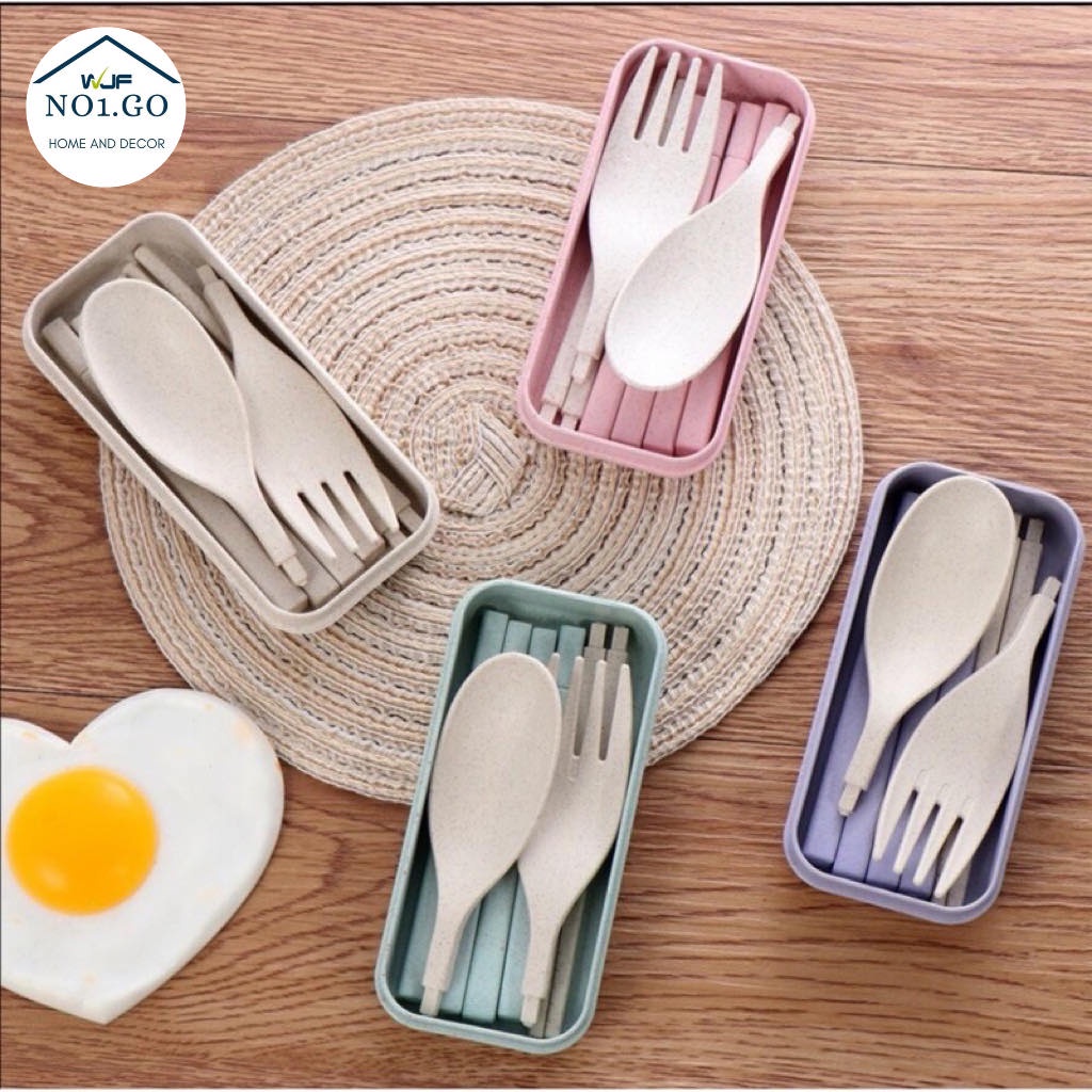 WJF 3pcs Set Reusable Folding Wheat Straw Chopstick Spoon Fork Cutlery ...