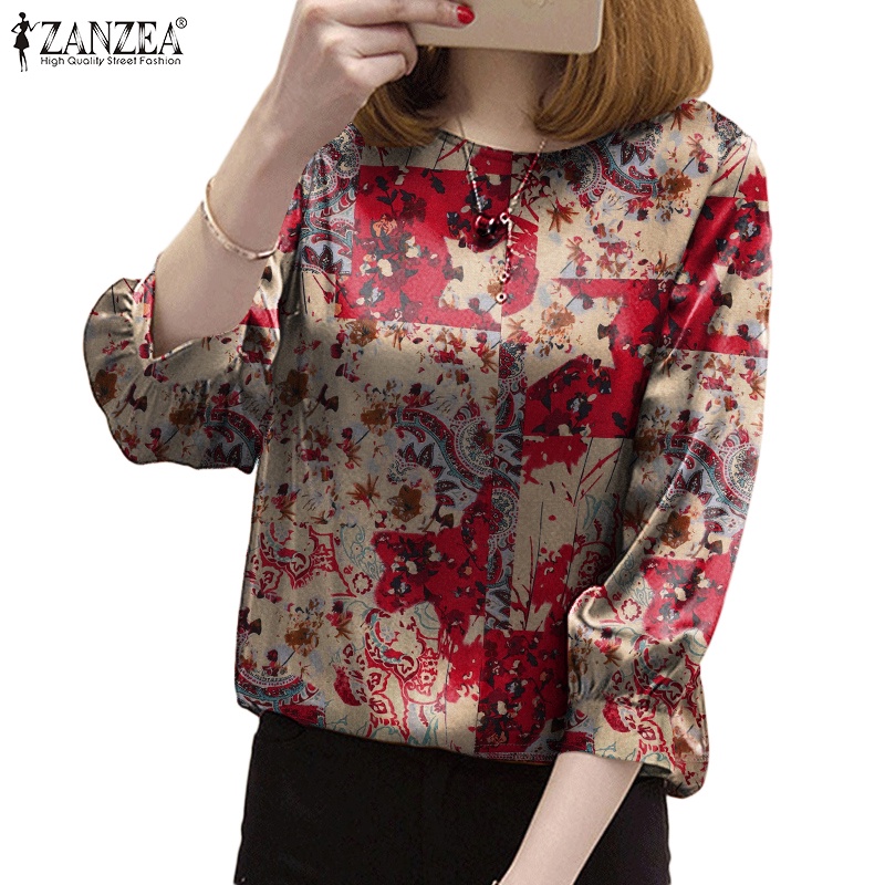 Zanzea Women Casual 3 4 Sleeve O Neck Loose Floral Printed Tee Tunic
