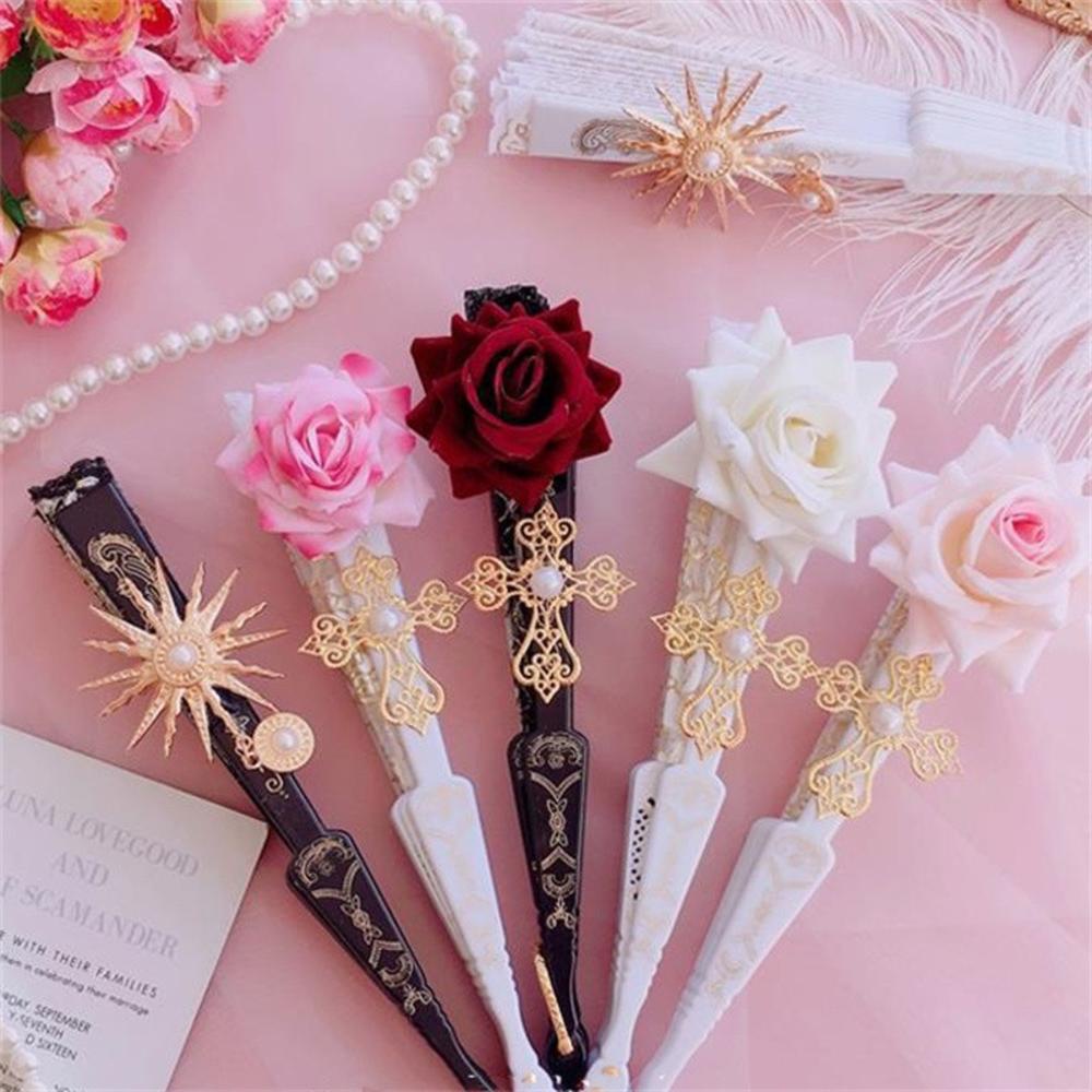 Lolita Gothic Fan Victorian Female Lace Hand Vintage Fan Black Rose Red ...