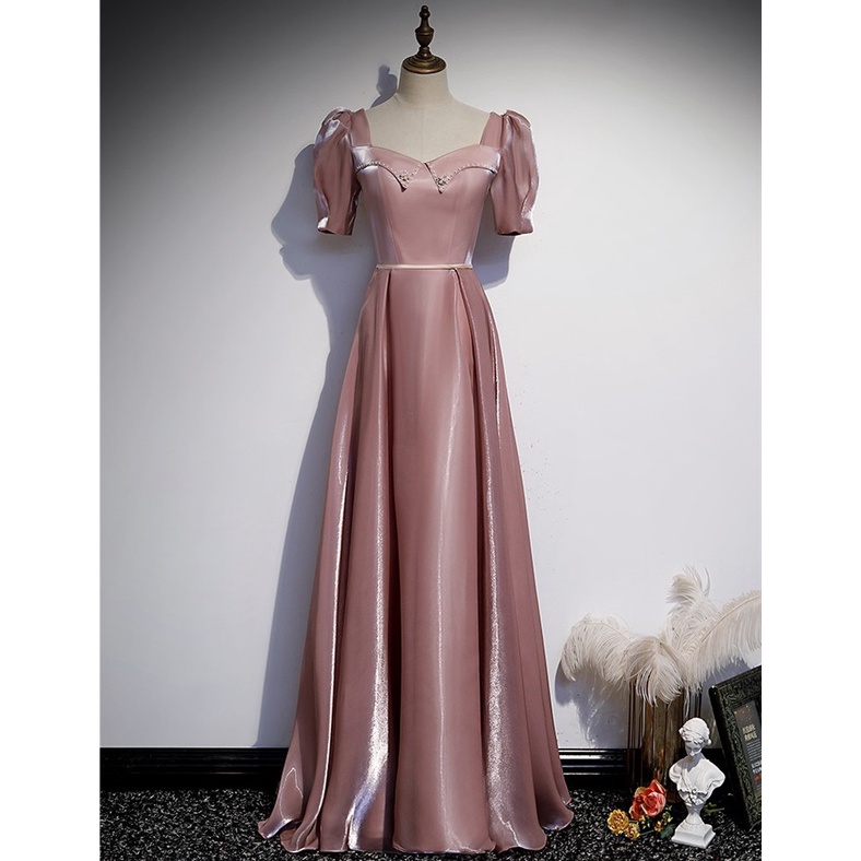 Pink Satin Banquet Evening Dress French Puff Sleeve Square Neck ...