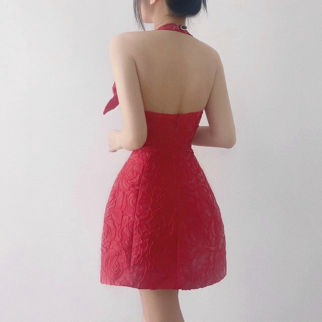 Embossed damask dress with halter neck and padded bust, brocade dress ...