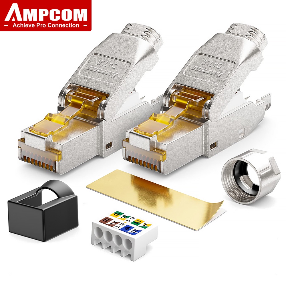 AMPCOM Toolless RJ45 Connector, CAT8/7/6A Tool Free Reusable Termination Plugs Shielded Ethernet ...