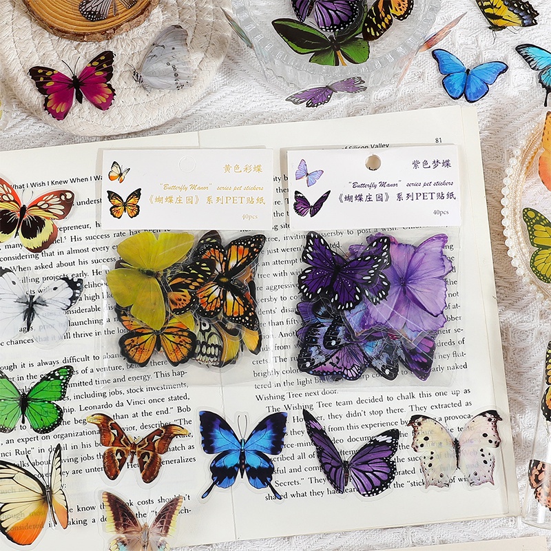 40 Pcs Vintage Butterfly Shape Deco Stickers Mixed-Pattern PET Stickers ...