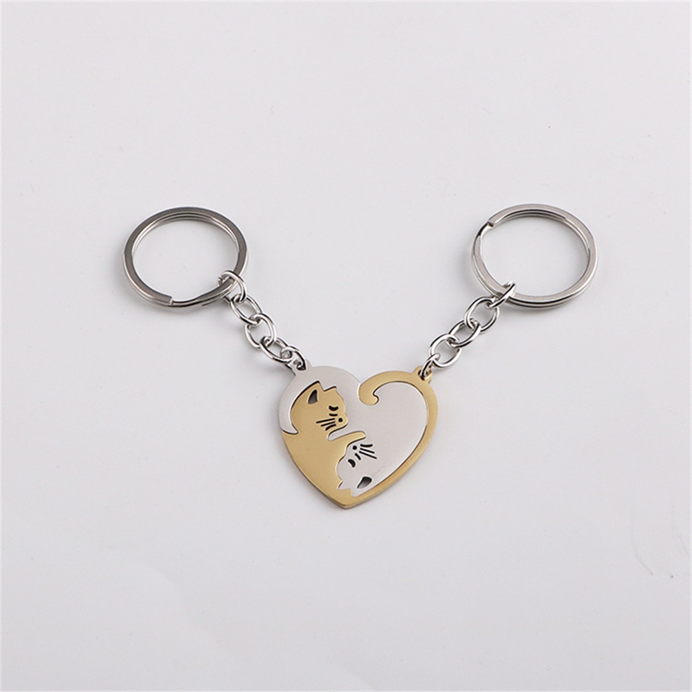 Creative Patchiwork Cat Keychain Heart Round Anmial Keyring Couple Key ...