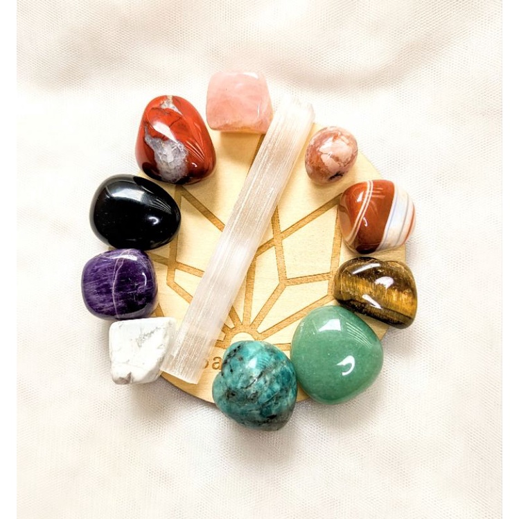 all natural crystal tumble set with free wooden plate! seven 7 chakra ...