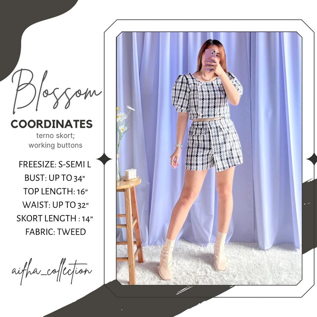 BLOSSOM COORDS (TERNO SKORT) | TWEED FABRIC | S - SEMI L FRAME | Shopee ...
