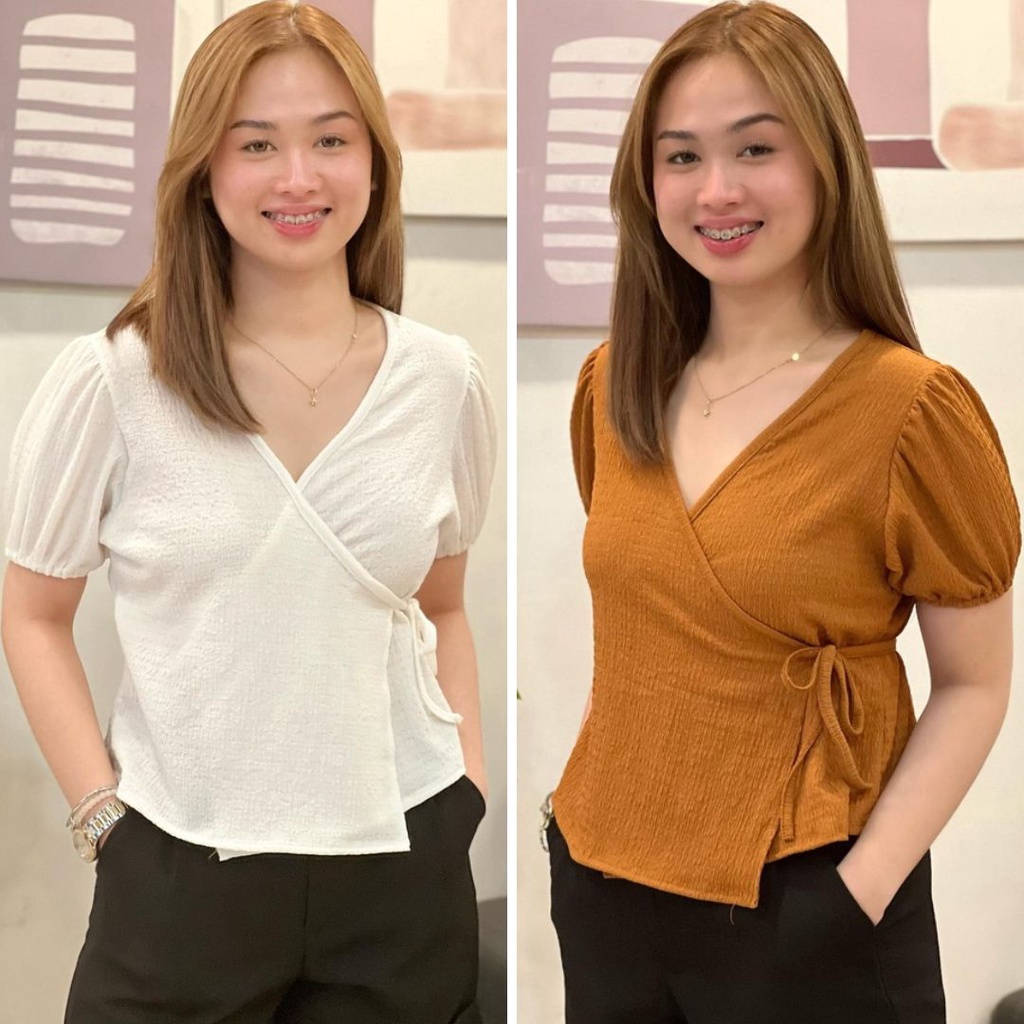 YAREE.CO Namie puff sleeves overlap wrapped Top | Shopee Philippines