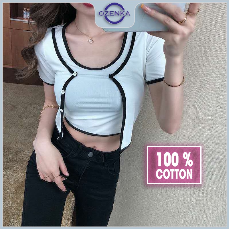 Ozenka women's 2-layer crop top with border, black and white cotton ...