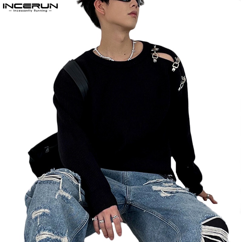 INCERUN Men's design sense aircraft button off-shoulder round neck long ...