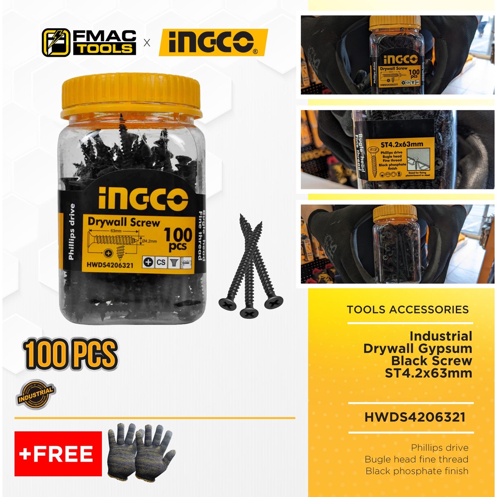 INGCO Industrial Drywall Gypsum Black Screw 100 pcs ST4.2x63mm ...