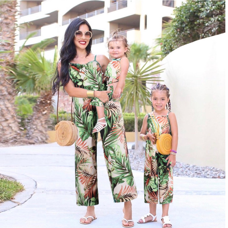 Family set clothes beach bohemian wear green sling family suit Mother ...