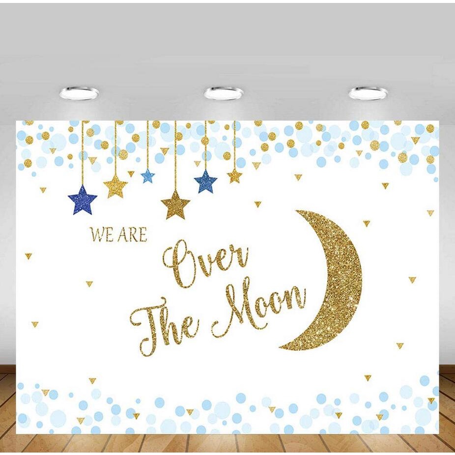 Over The Moon Boy Baby Shower Photo Background Gold Blue Hanging Stars ...