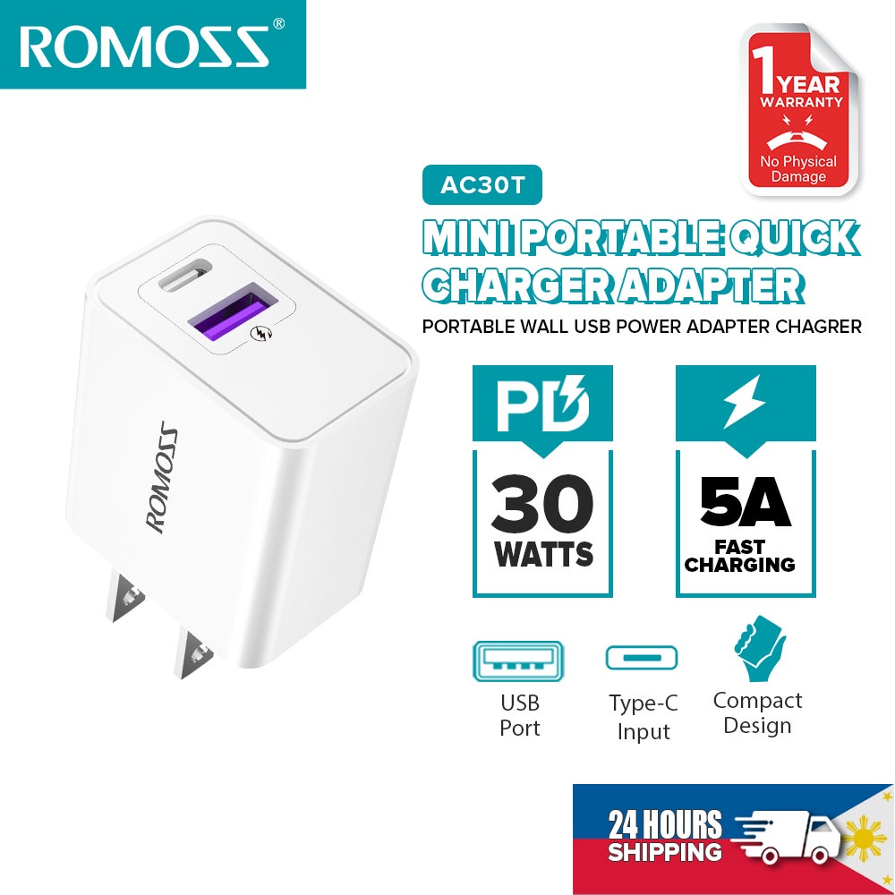 Romoss Ac30t Pd30w Super Fast Charging USB Type C Dual Charger Adapter ...
