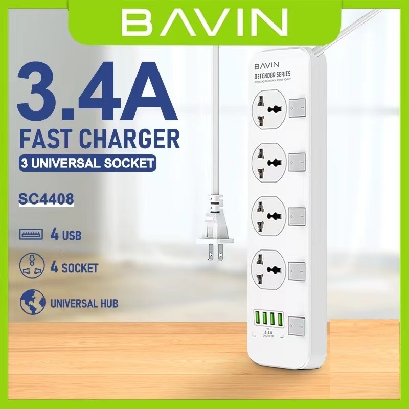 Bavin 3.4A Wire Extension 3 Power Socket w/ 4 USB Charger Hub Slot PC ...