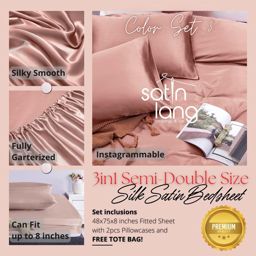 3-in-1 SEMI-DOUBLE Size SATIN SILK Bedsheet w/ 2pcs Pillowcase (Fully ...