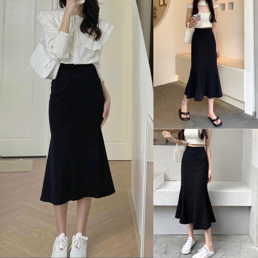Milofa long fishtail skirt, black midi flared fishtail skirt, stretch ...
