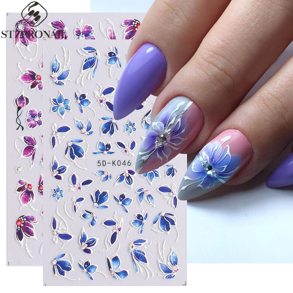 5D Embossed Nail Stickers Petal Flower Decals Blue Purple Acrylic Nails ...