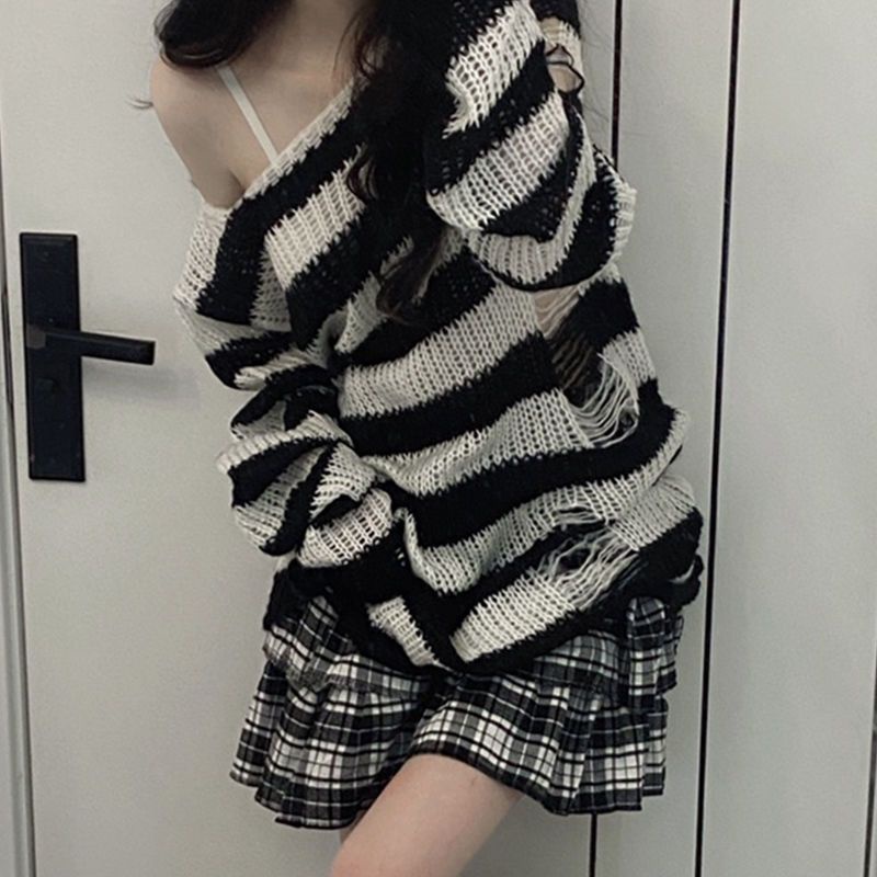 Karrram Pink Striped Gothic Sweaters Women Ripped Holes Loose Knitted ...