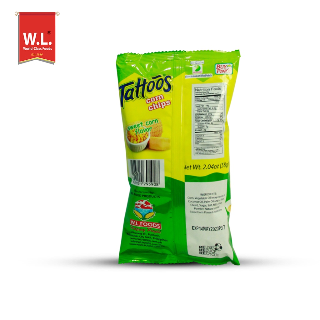 WL FOODS Tattoos Corn Chips Sweet Corn 58g x 10's | Shopee Philippines