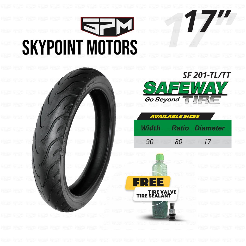 SAFEWAY (SF-201) MOTORCYCLE TUBELESS TIRES 17" - 90/80-17 - WITH FREE SEALANT & PITO (9315 ...