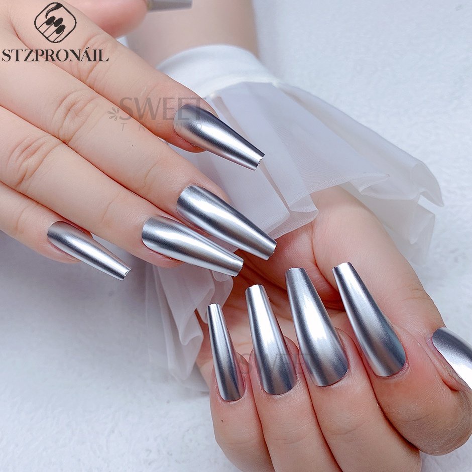 STZPRONAIL 24 Pcs Metallic Mirror False Nails Set Press On Silver Gold ...