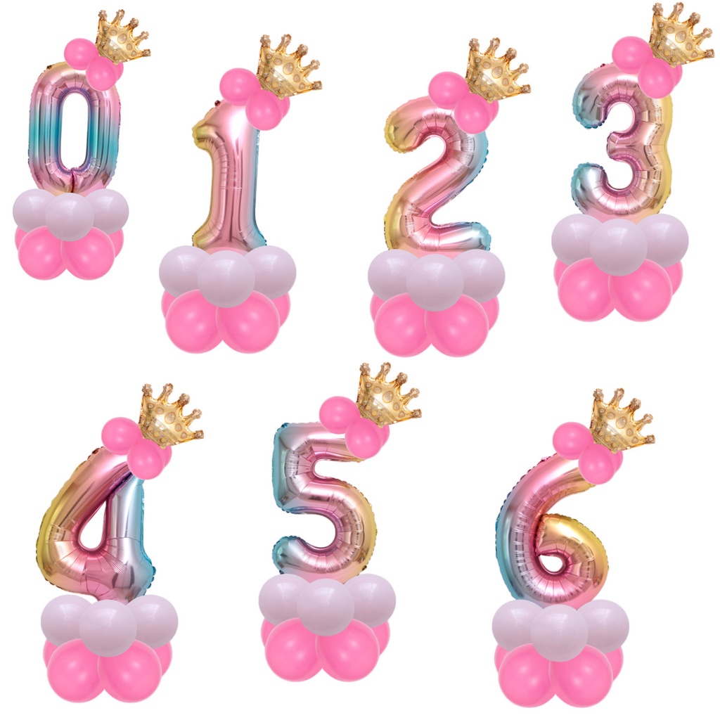 14pcs 32'' Rainbow Number Balloon Crown Foil Balloon 0-9st Kids ...
