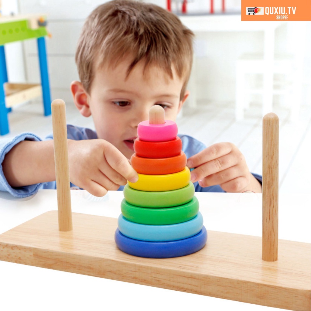 Baby Wooden Trap Tower Intellectual Toy Brain Teaser 8 Rings Building ...