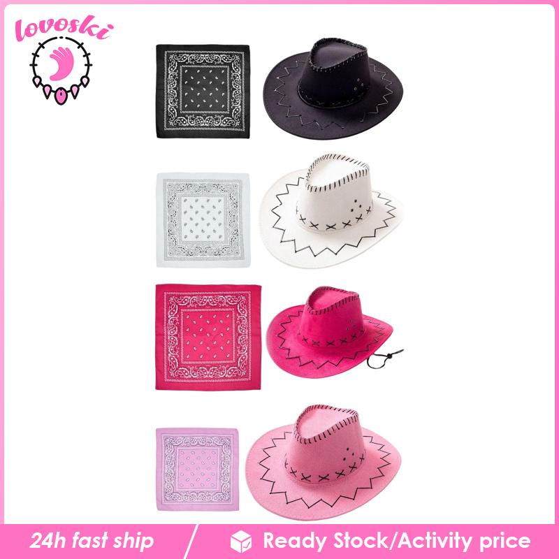 [Lovoski] Cowgirl Cap with Bandana Set Wind Lanyard Cowboy Hat for ...