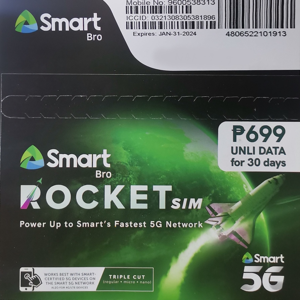 Smart Bro Rocket SIM card 499/699 (old/new) with 30 Day Unli Data 4G/5G No Speed Limit No Data ...