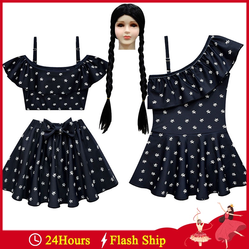Wednesday Addams Costume Black Slip Dress For Kids Girl Swimsuit One ...