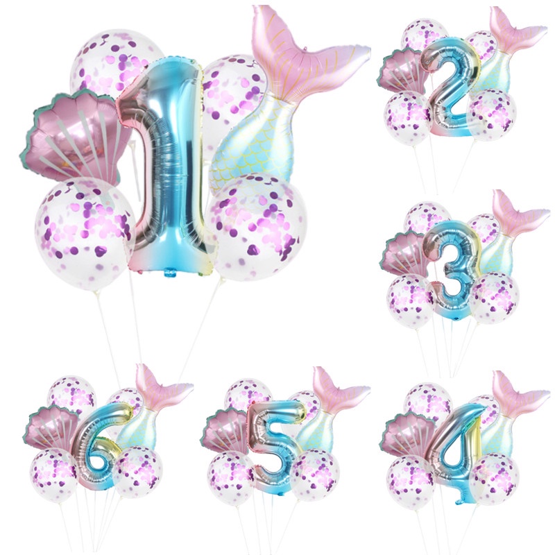 8pcs Mermaid Balloon 32Inch Gradient Number Balloon 12Inch Confetti ...