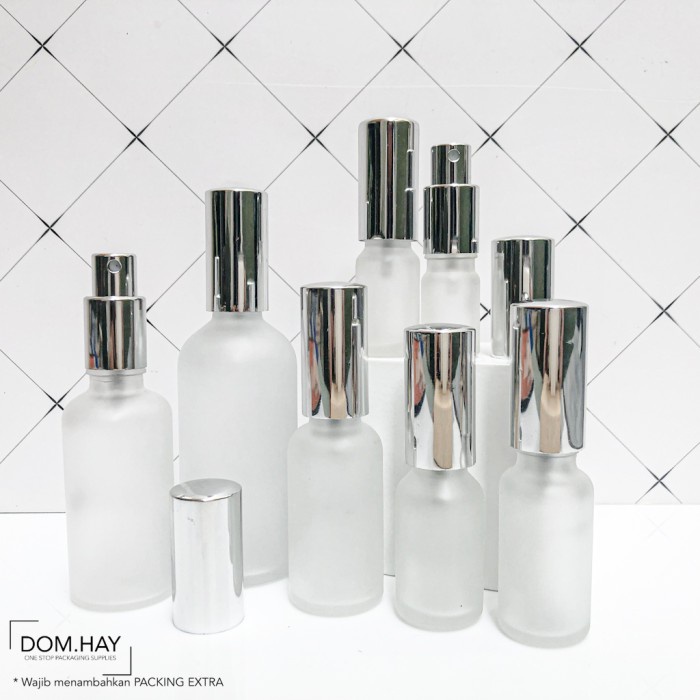 PUTIH White Frosted Doff Glass Spray Bottle Silver Metallic Cap Bottle ...