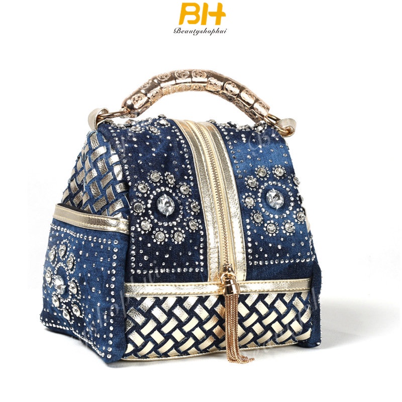 New Denim Woven Women's Diamonds Bag Tassel Portable Single Shoulder ...
