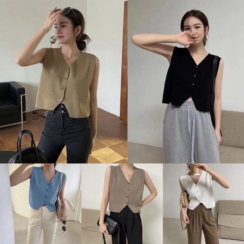 Women's Korean vests vintage V-neck solid color simple knitted ...