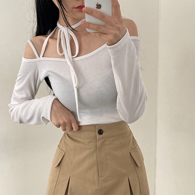 Jenne Basic Fit String Halter Off Shoulder Long Sleeve Tee (3color ...