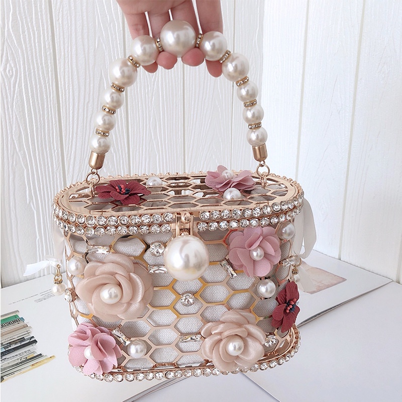 Pearl Basket Evening Clutch Bag Women Luxury Hollow Flower Metallic ...