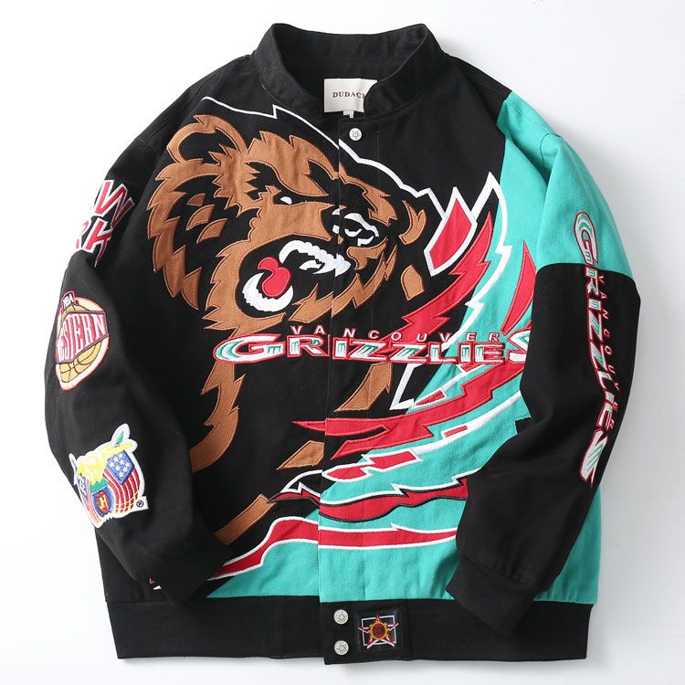 Dudack Motorcycle Jacket Loose Embroidered Patchwork Bomber Jacket ...