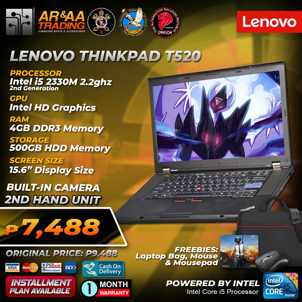 Laptop LENOVO THINKPAD T520 Intel Core i5 2330M 2.2ghz 4gb 500gb HDD(2nd Generation) | Shopee ...