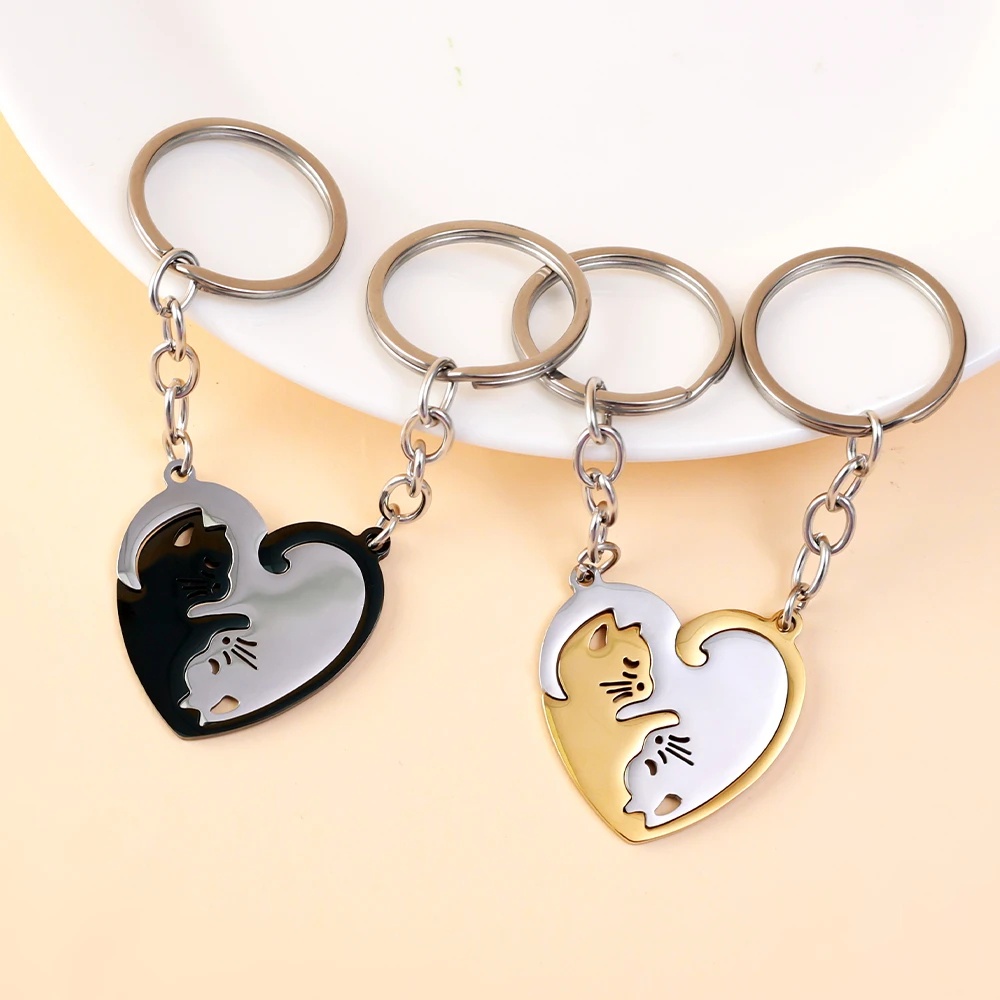 Creative Patchiwork Cat Keychain Heart Round Anmial Keyring Couple Key ...