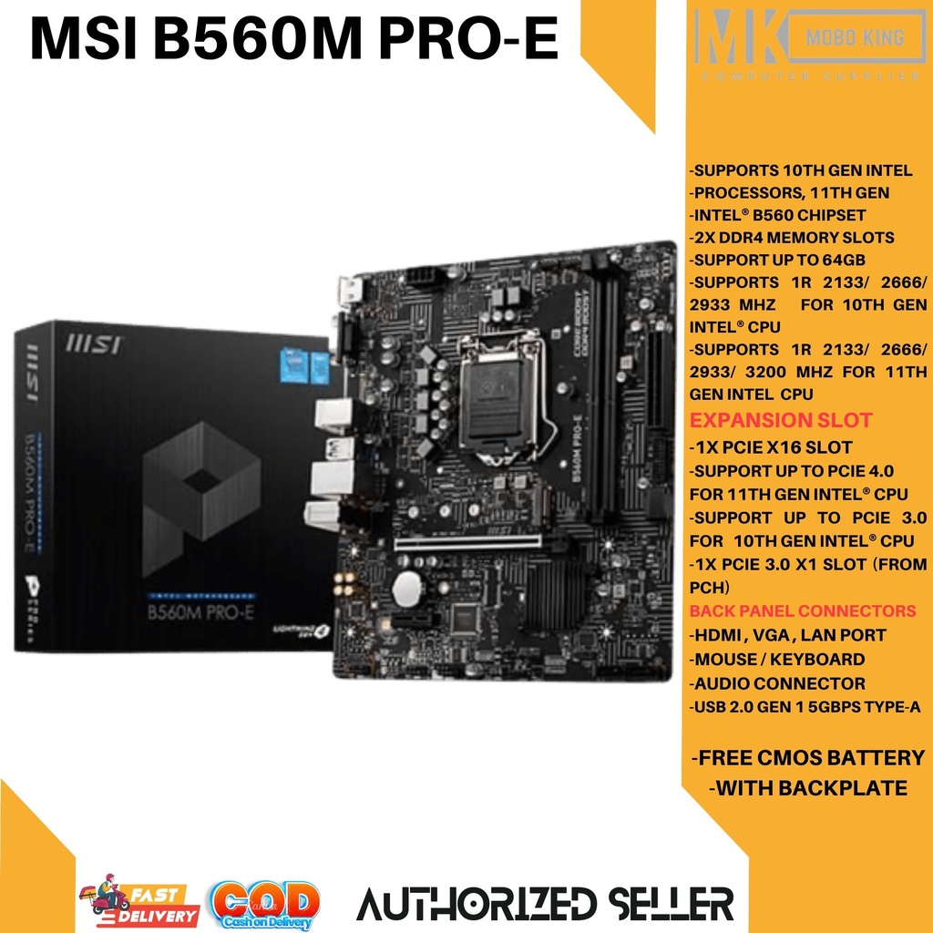 MSI B560M PRO-E LGA 1200 B560 10TH 11TH Gen up to 4800 MHZ DDR4 ...