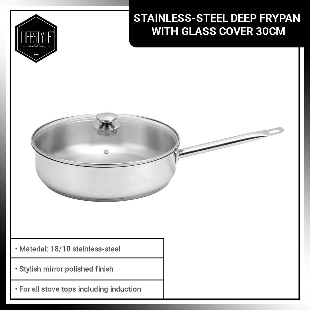 Lifestyle Cookware Stainless Steel Deep Frypan With Glass Cover 30 Cm ...