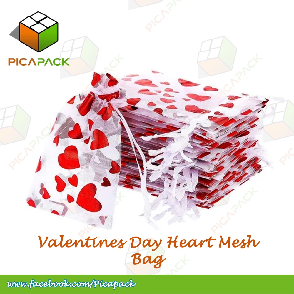 1pc Heart Mesh Bag Organza Drawstring Valentines Day Love Gift Mesh ...