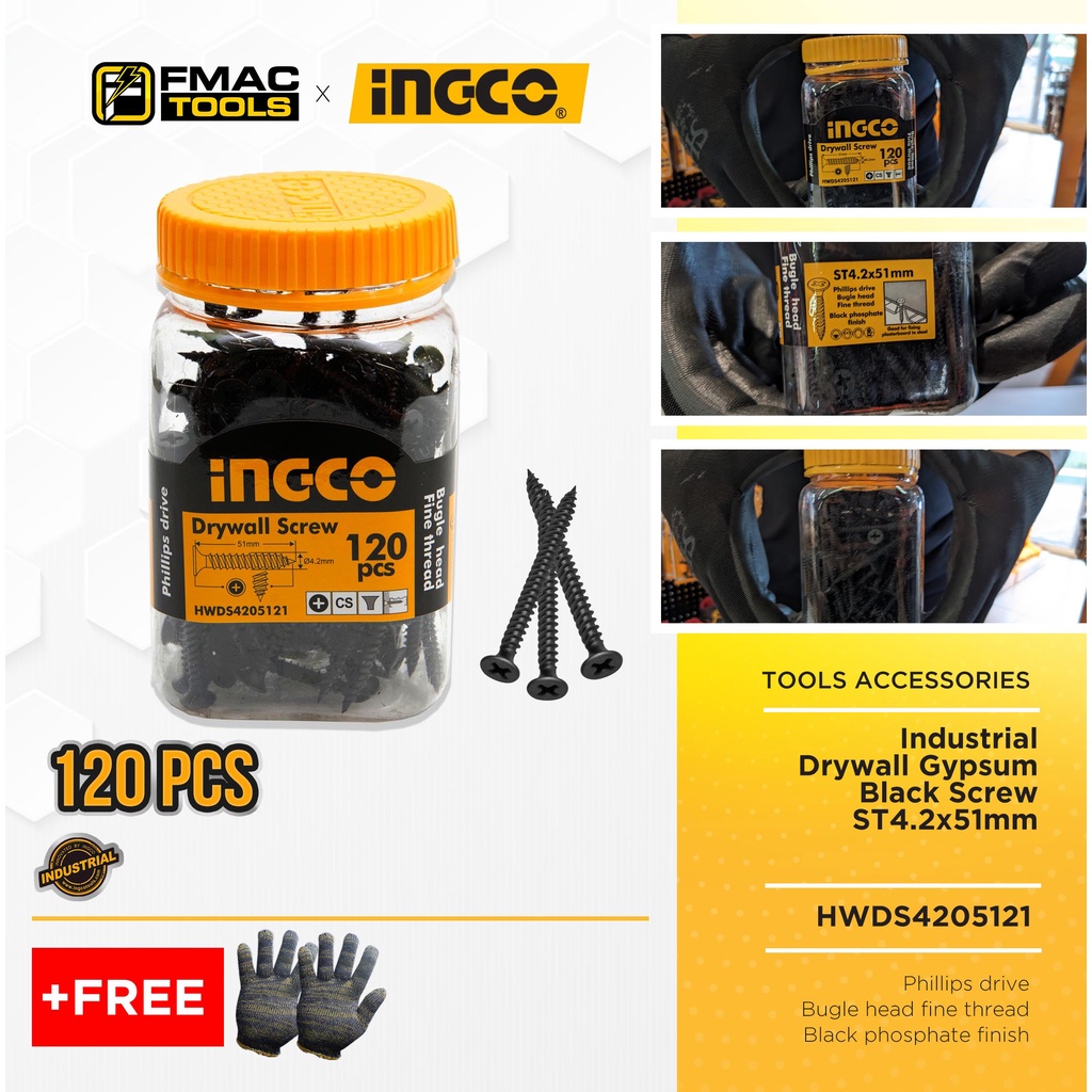 INGCO Industrial Drywall Gypsum Black Screw 120 pcs ST4.2x51mm ...