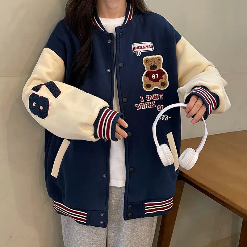 Fashion Bear Baseball Jacket Women's Long Sleeve Baseball Uniform Retro ...