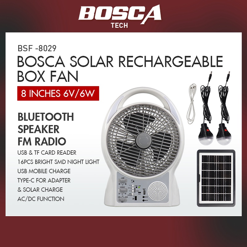 BOSCA Solar rechargeable BOX fan 8 inches solar panel 6V 6W Bluetooth ...