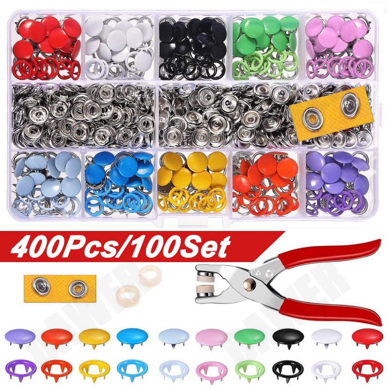 Snap Button Plier Tool 100 Set Hollow/Solid Prong Press Studs Snap Fasteners for Installing ...