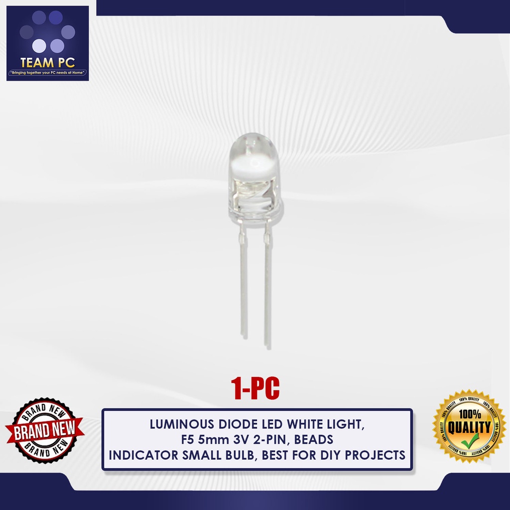LUMINOUS DIODE LED WHITE LIGHT, F5 5mm 3V 2-PIN, BEADS INDICATOR SMALL ...
